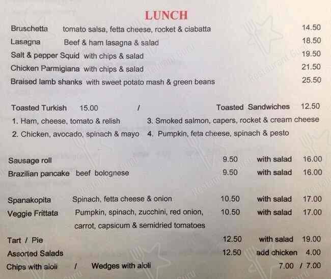 Menu at The Lane Café cafe, Claremont