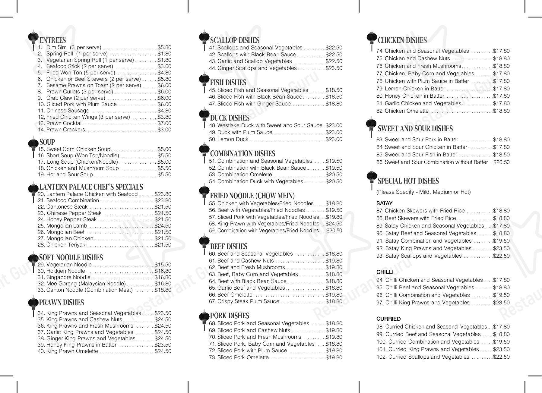 Menu at Lantern Palace restaurant, Bairnsdale