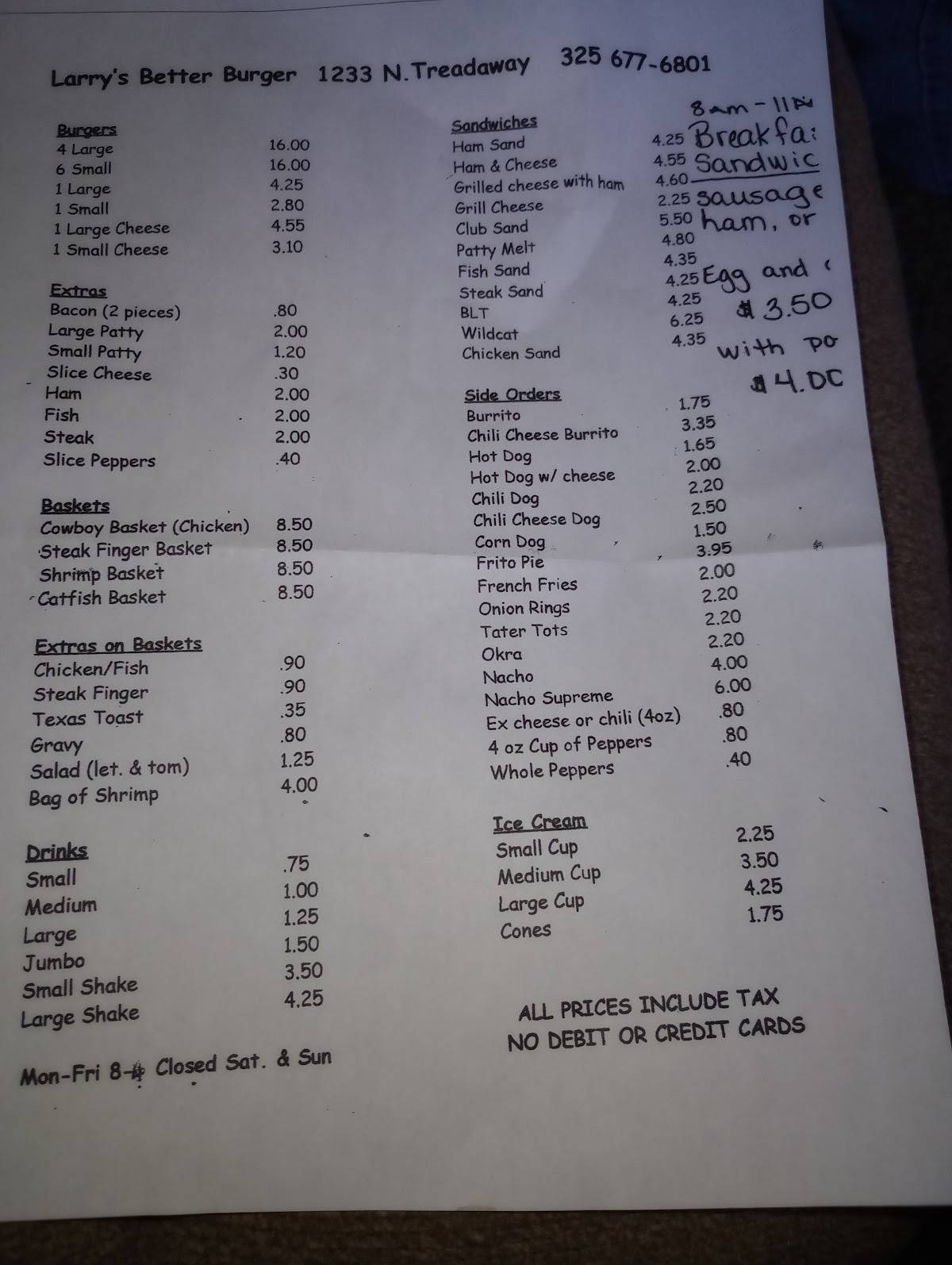 Menu at Larry's Better Burger Drive-In fast food, Abilene