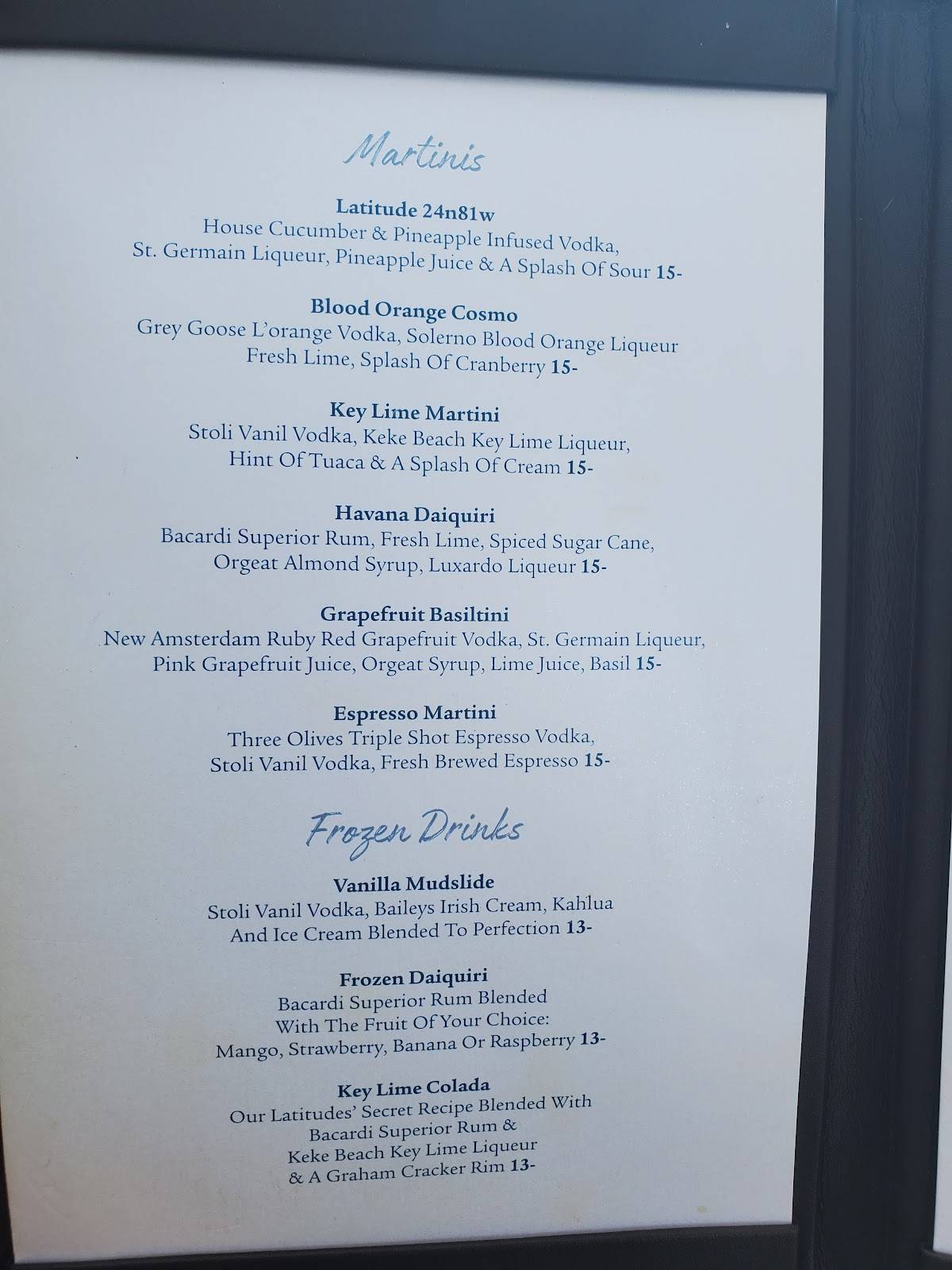 Menu at Latitudes restaurant, Key West, 245 Front St