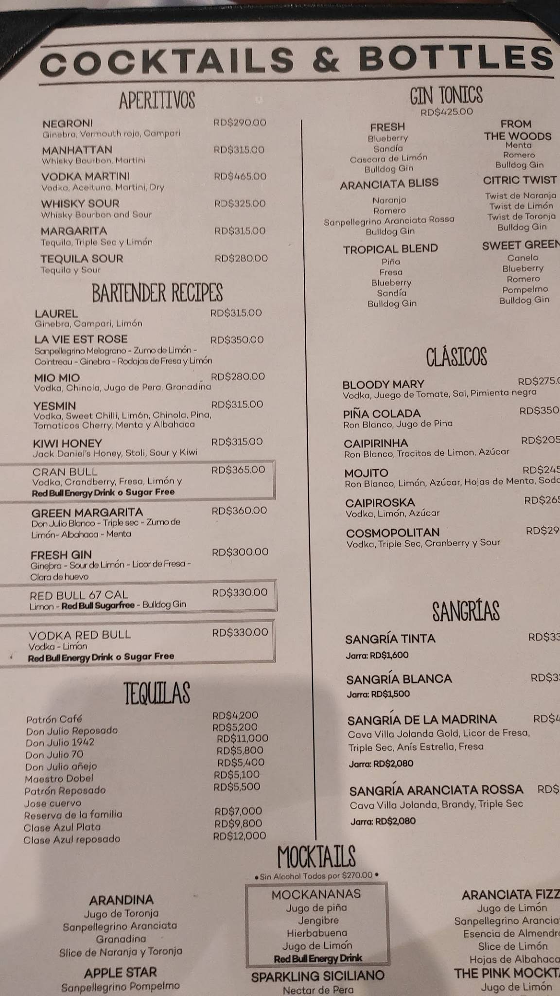 Menu at Laurel restaurant, Santo Domingo