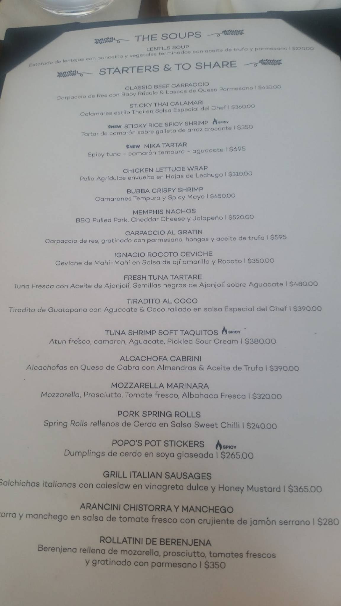 Menu at Laurel restaurant, Santo Domingo