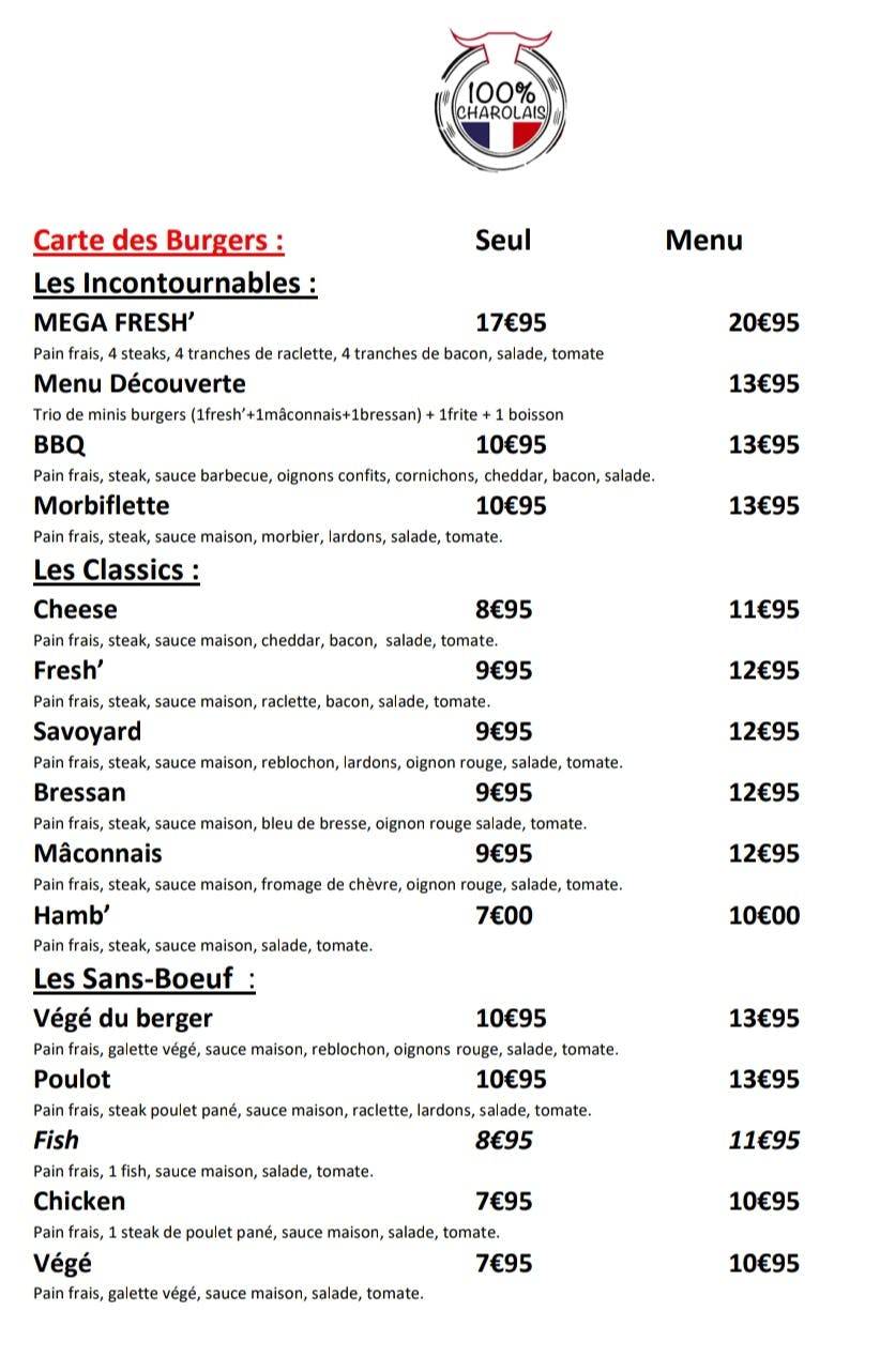 Menu at Le fresh'burger restaurant, Mâcon