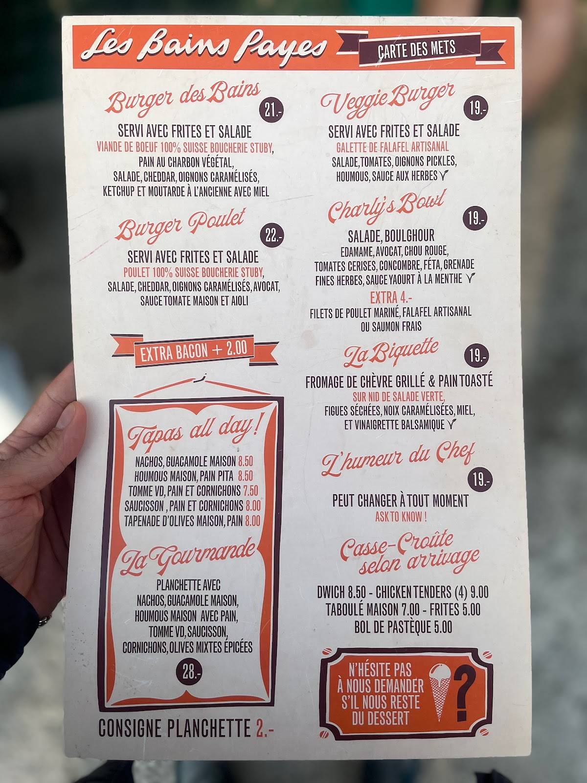Menu au Les Bains Payes, Vevey