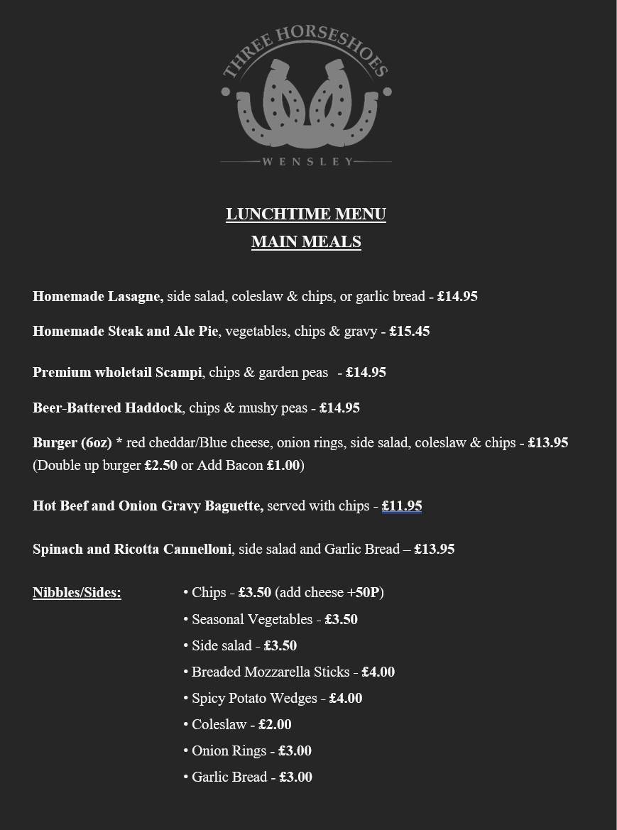 Menu at Three Horse Shoes pub & bar, Leyburn, Wensley