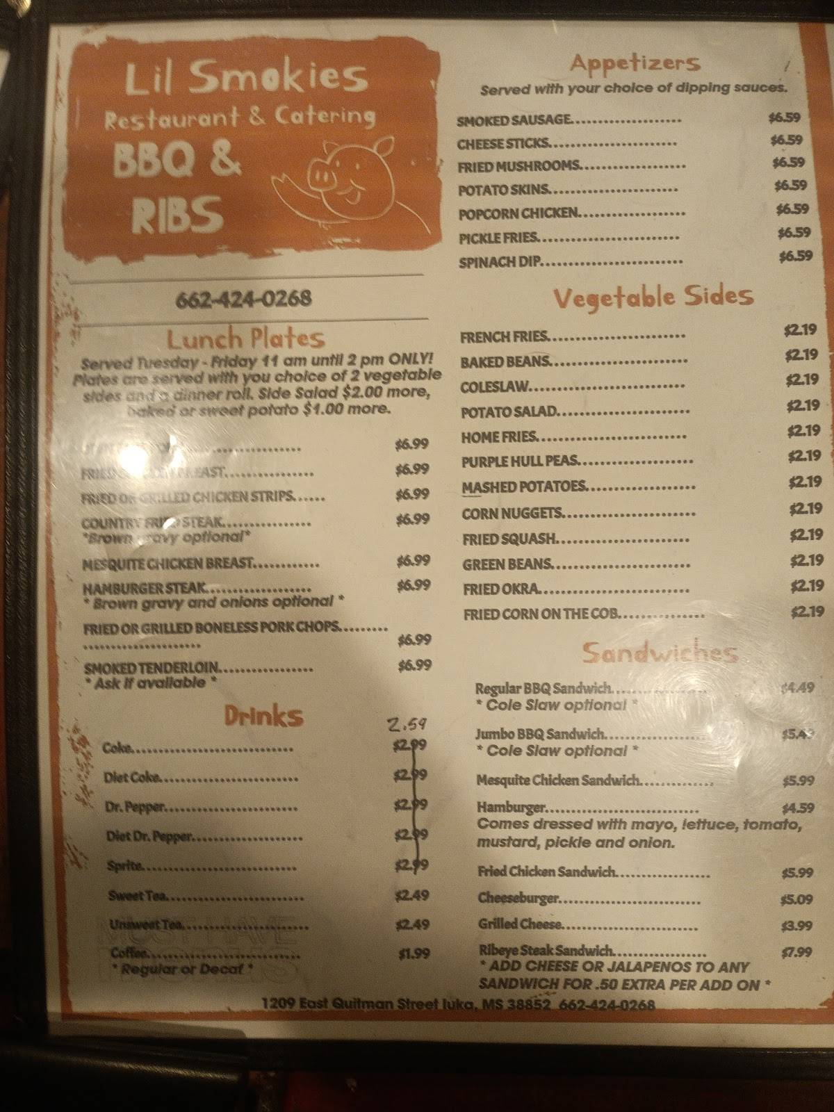 Menu at Lil Smokies BBQ, Iuka