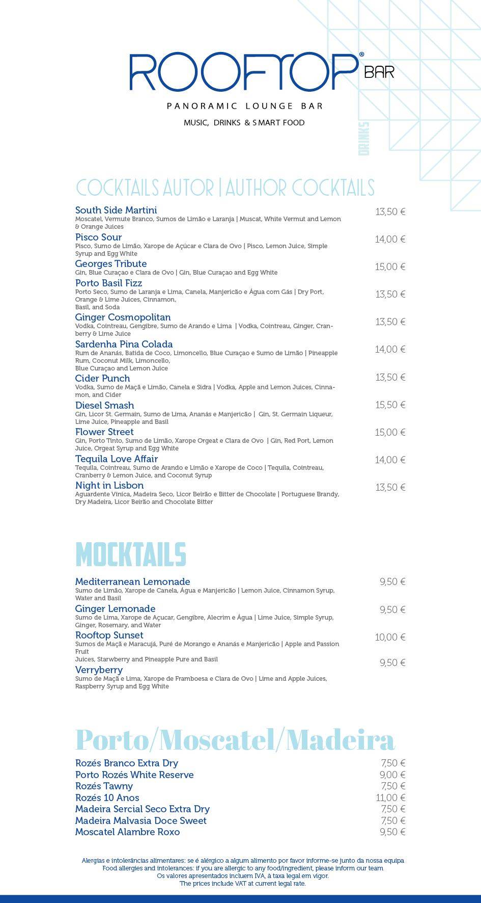 Menu em ROOFTOP Bar - Hotel Mundial, Lisboa