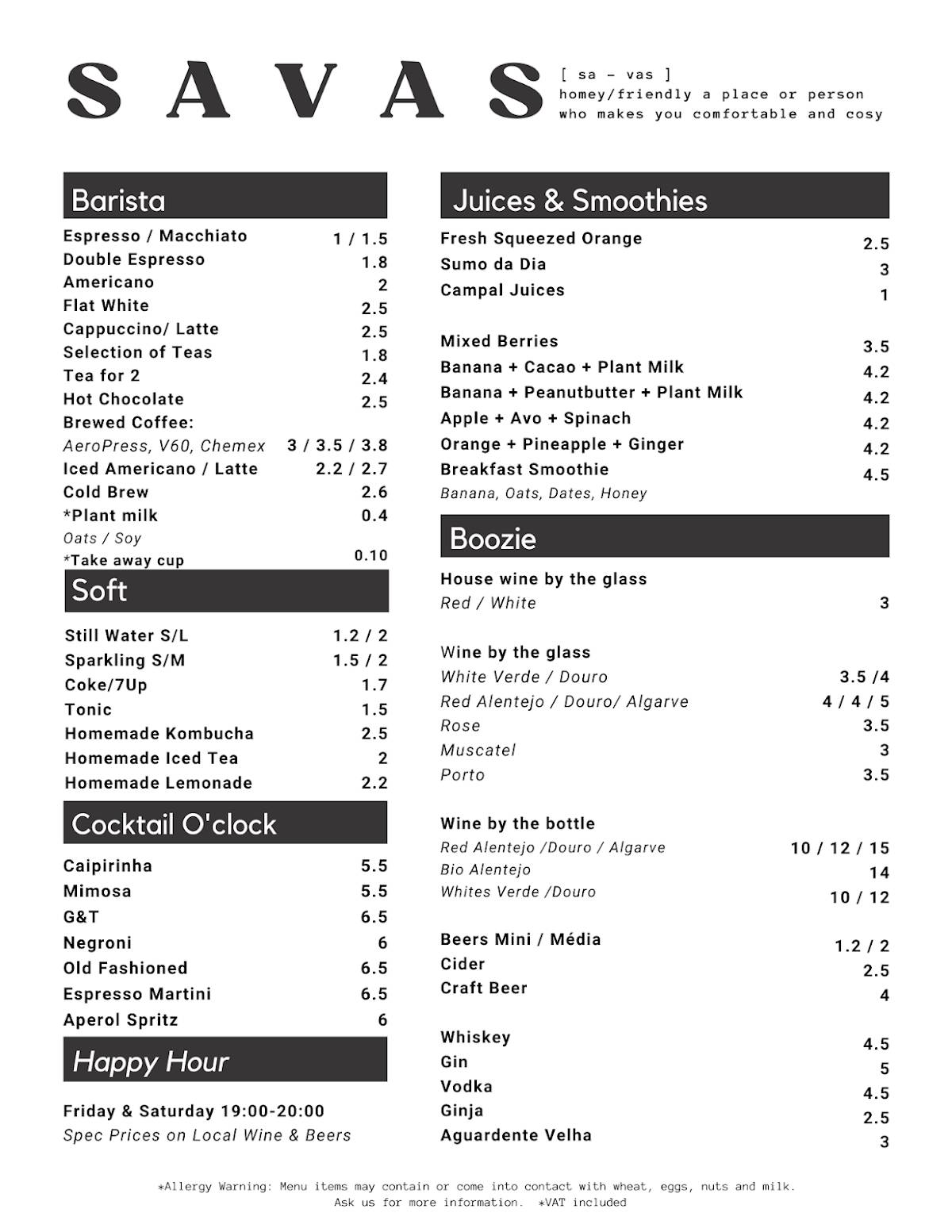 Menu at Savas cafe, Lisbon