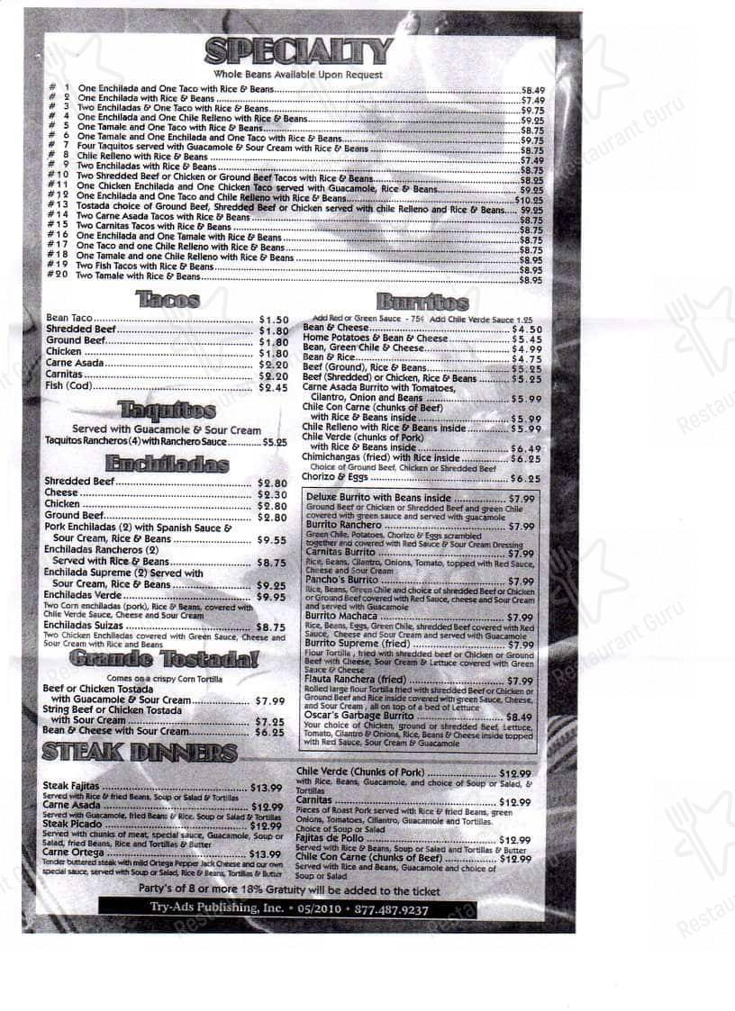 Menu at Little Green Onions restaurant, Riverside