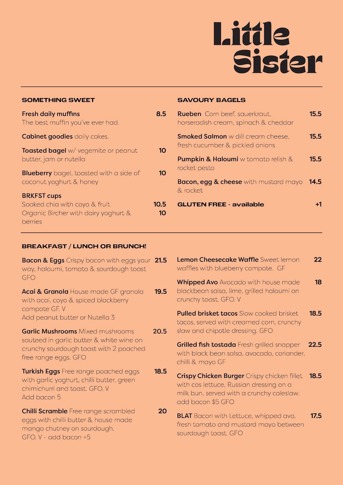 Menu at Little Sister Eatery cafe, Golden Beach