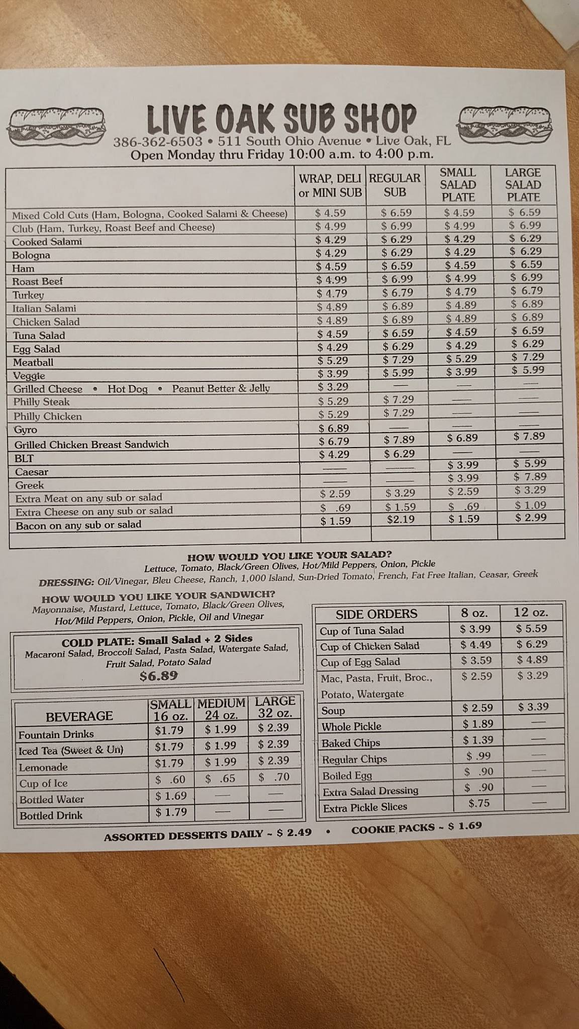Menu at Live Oak Sub Shop restaurant, Live Oak