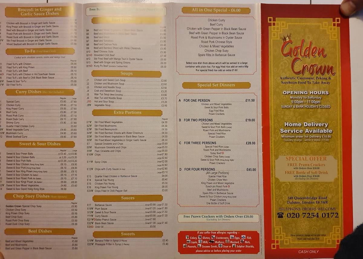 Menu at Golden Crown fast food, London, 348 Queensbridge Rd