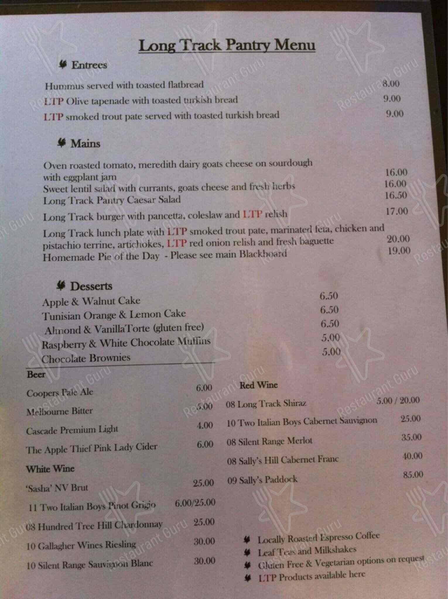 Menu at Long Track Pantry cafe, Jugiong