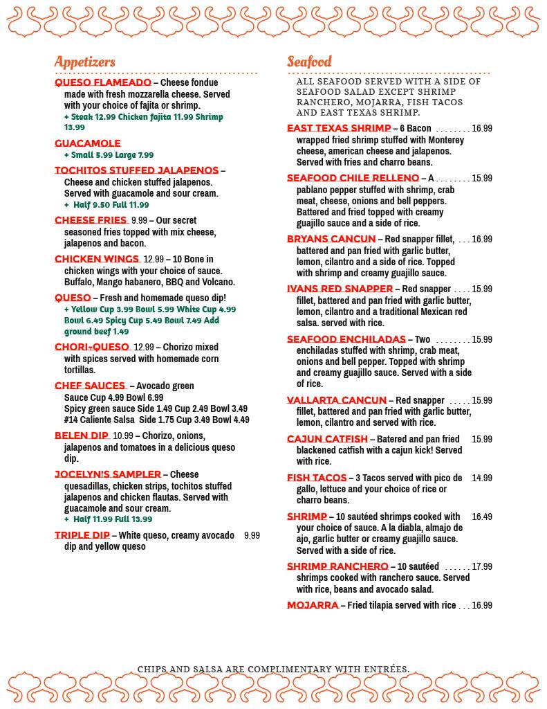 Menu at Jocelyn's Mexican Grill restaurant, Longview, Wal St suite 101
