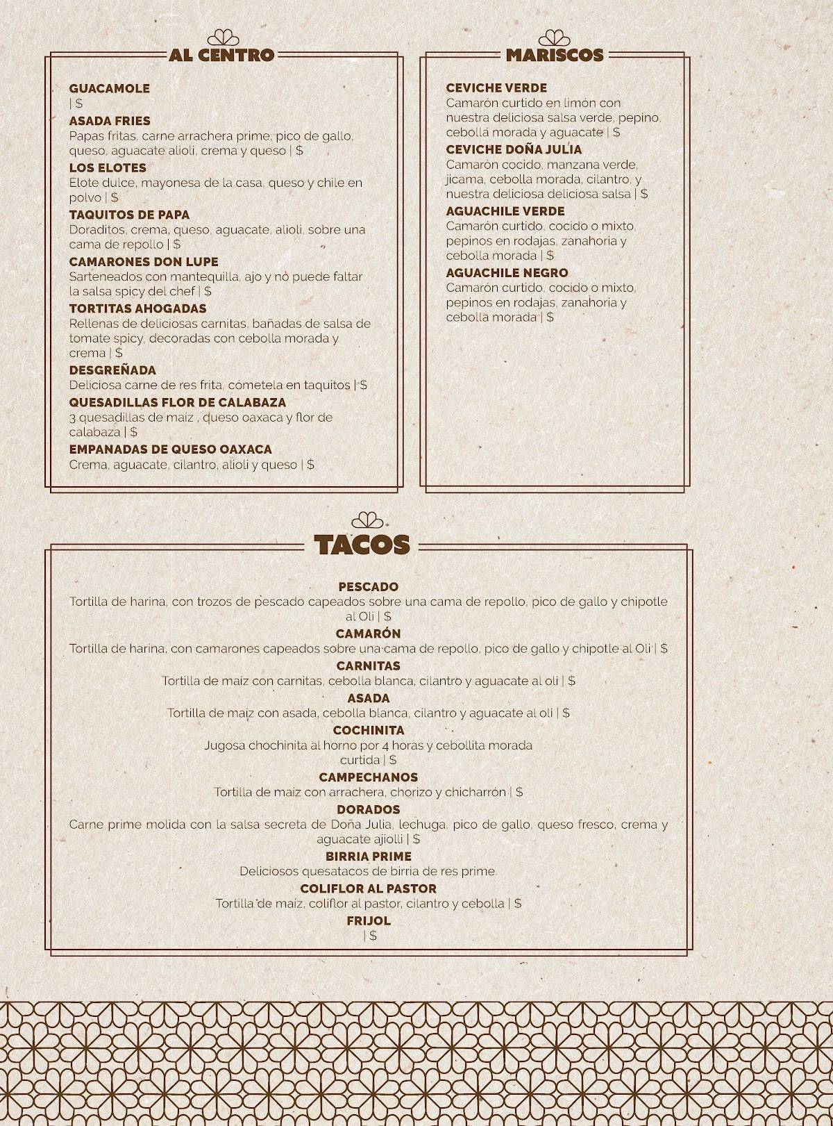 Menu at Los Amores de Julia restaurant, Hesperia