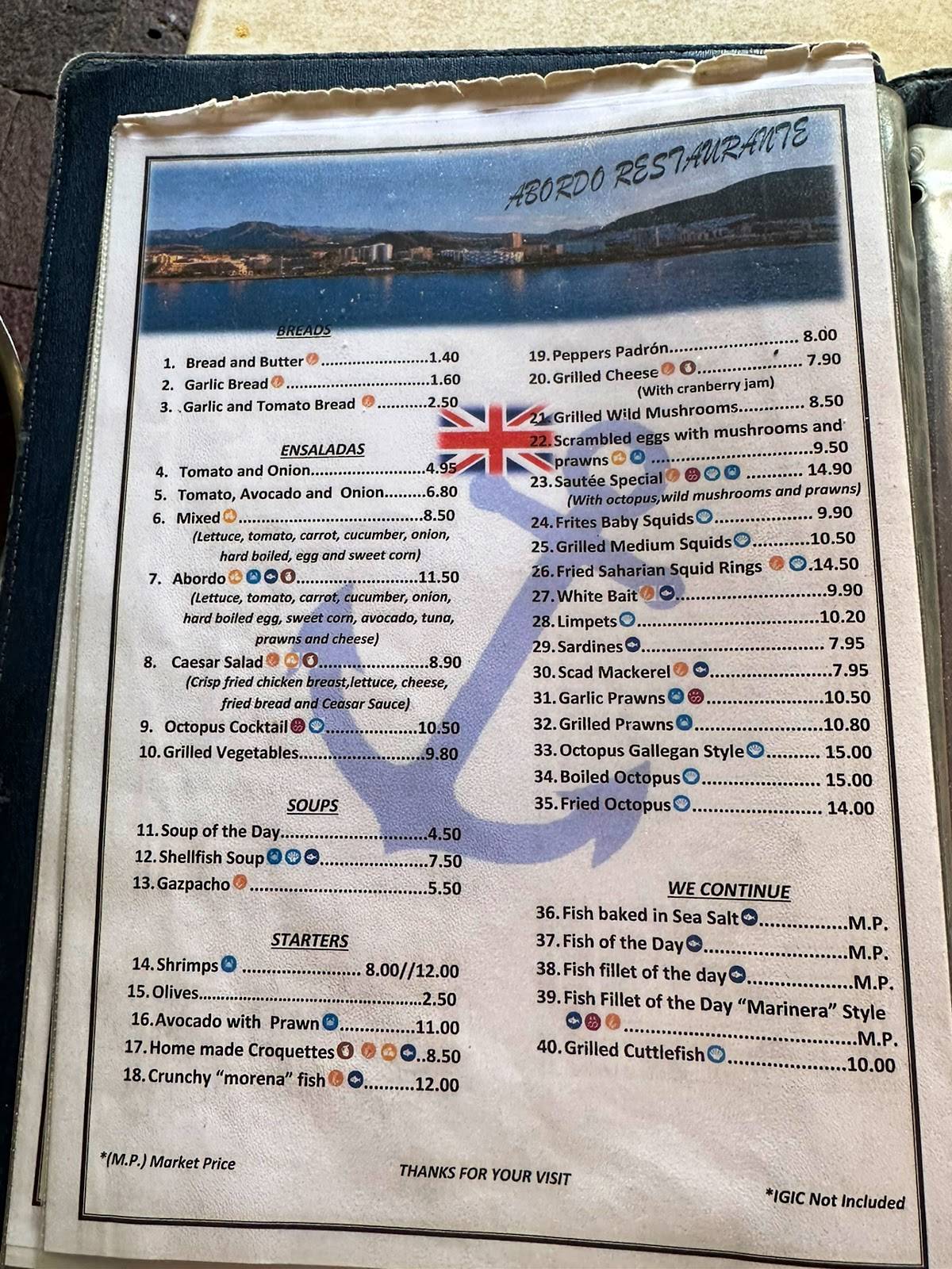 Menu at Abordo restaurant, Los Cristianos, C. Juan Bariajo