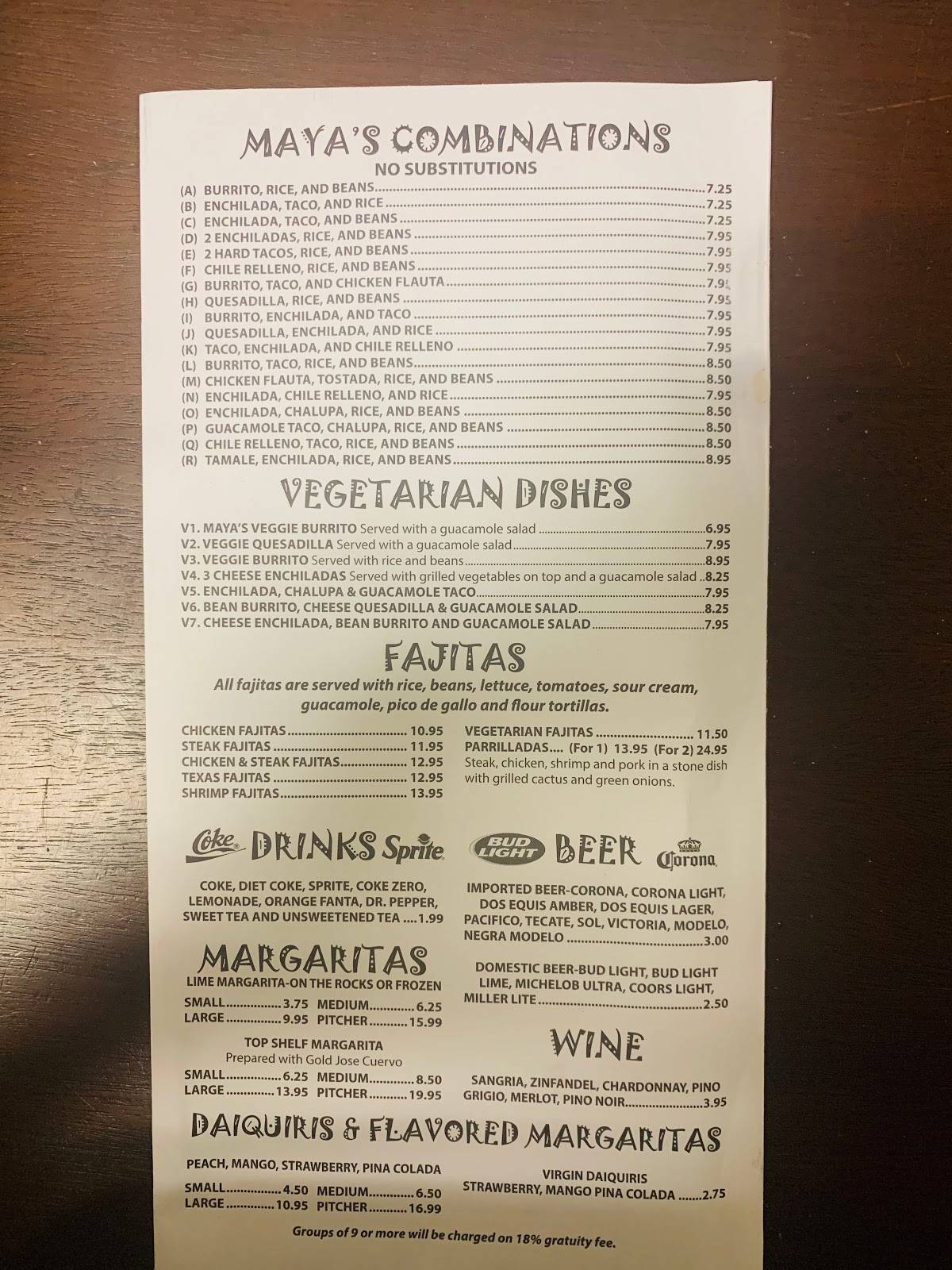 Menu at Los Maya’s restaurant, Wetumpka, US-231
