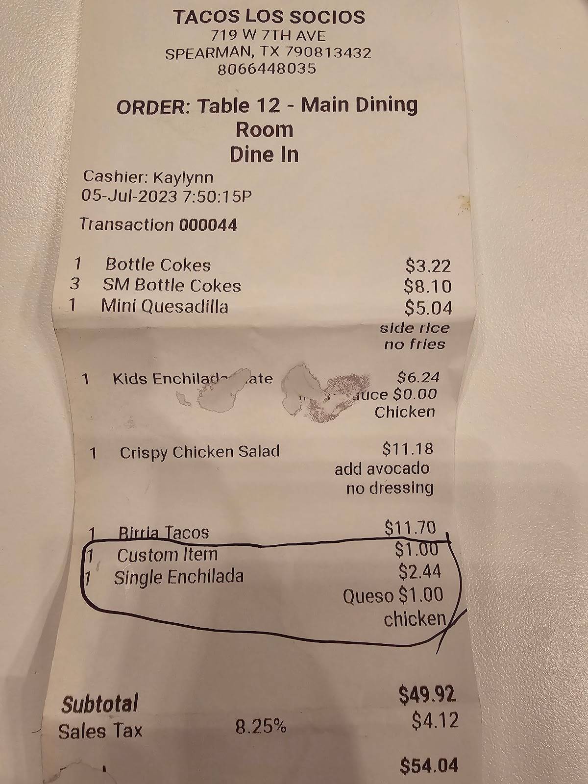 Menu at Los Socios restaurant, Spearman