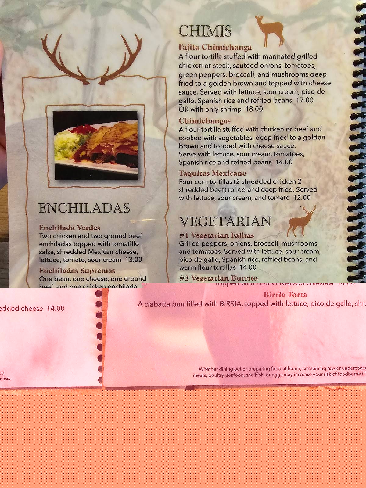 Menu at Los Venados restaurant, Orwell