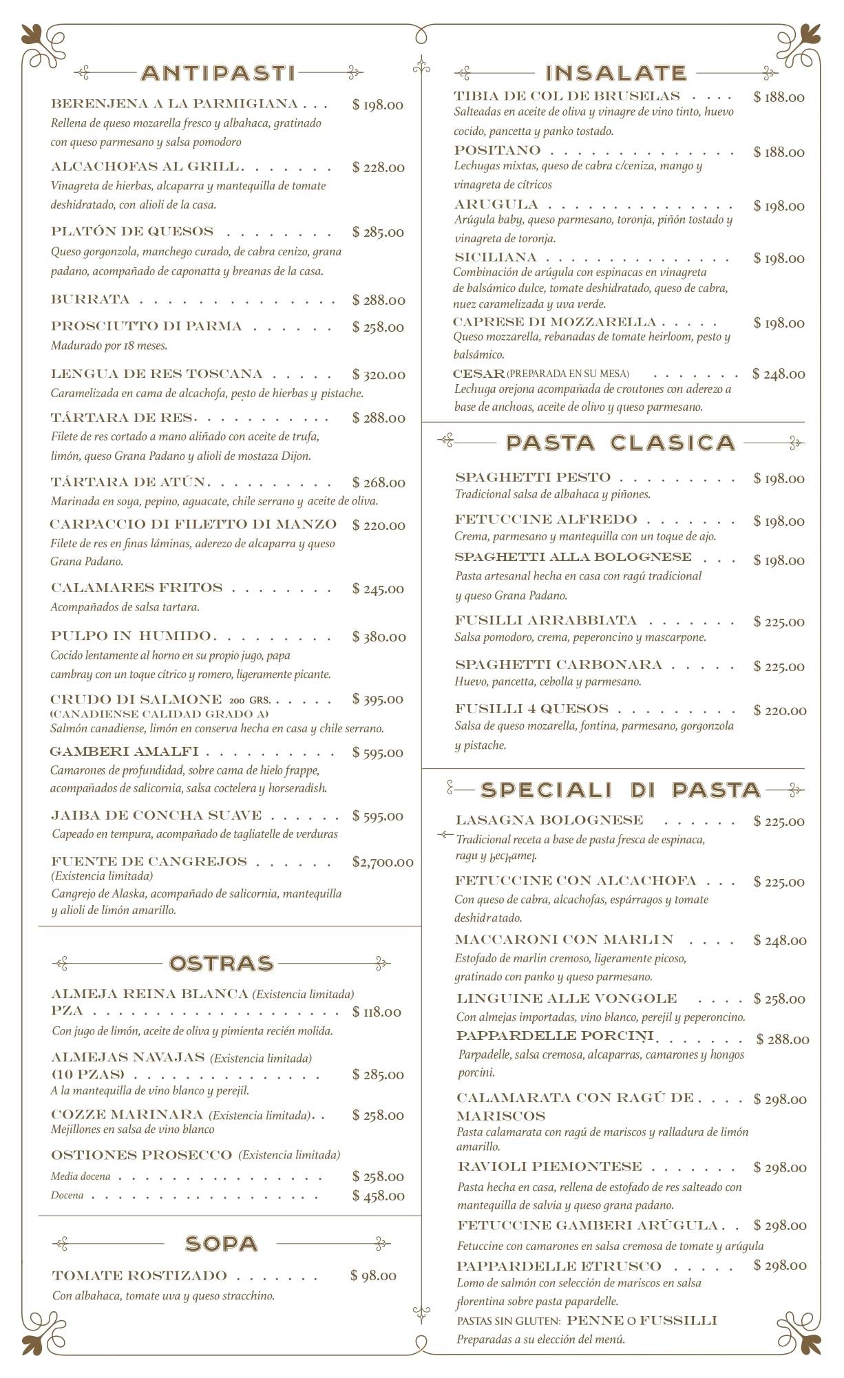 Menu at Losteria del Duomo restaurant, Santiago de Querétaro