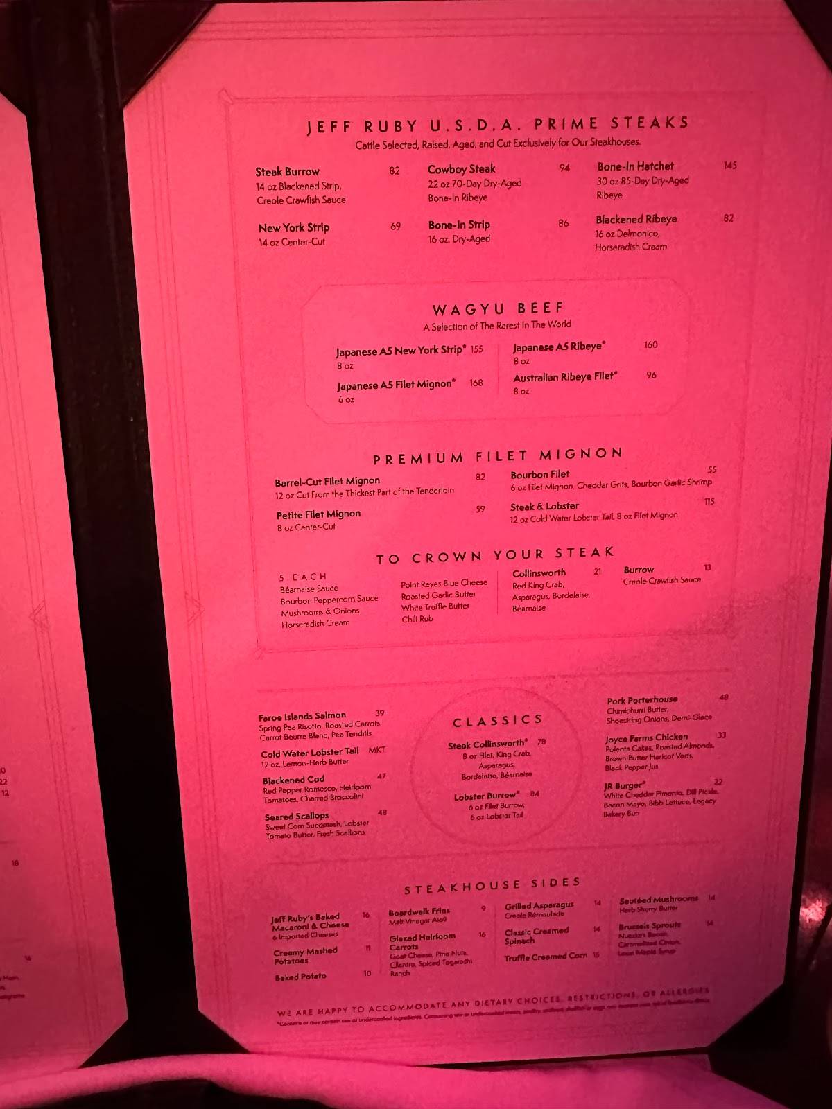 Menu at Jeff Ruby's Steakhouse, Louisville, Louisville