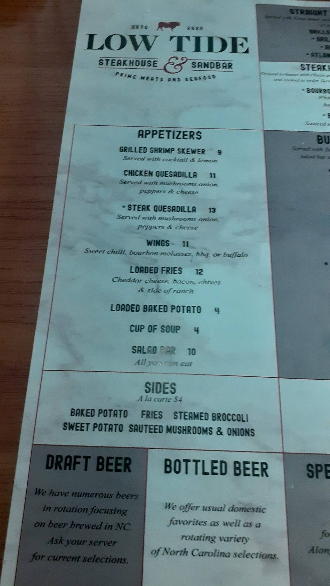 Menu at Low Tide Steak House & SandBar, Surf City