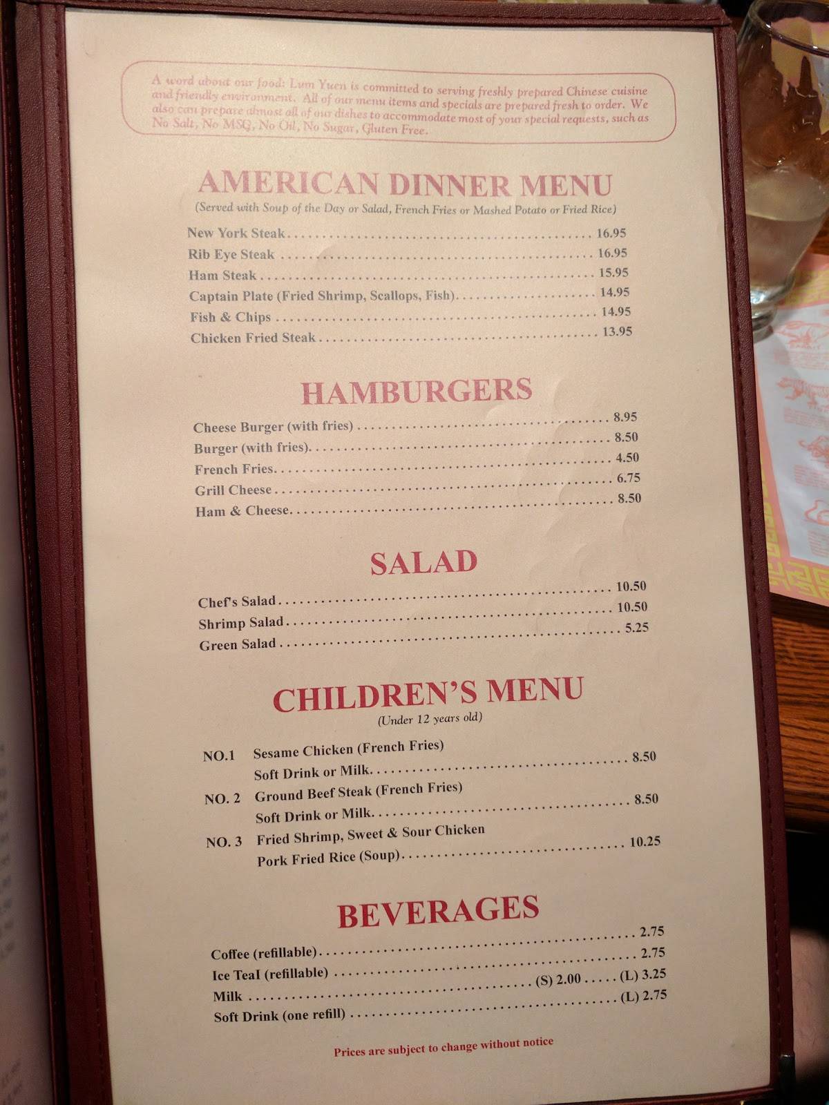 Menu at Lum-Yuen Restaurant, Salem