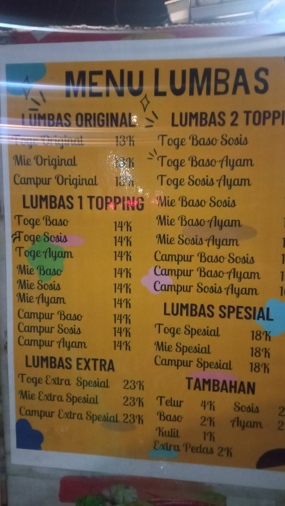 Menu at Lumpia Basah Zam restaurant, South Jakarta