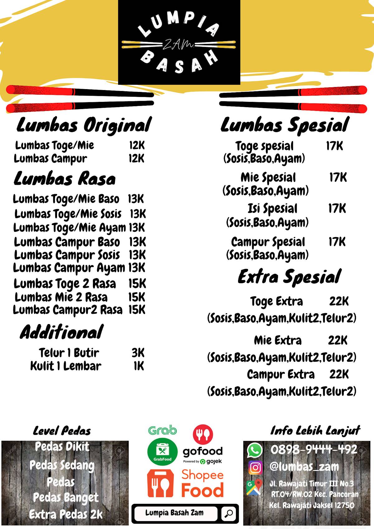 Menu at Lumpia Basah Zam restaurant, South Jakarta