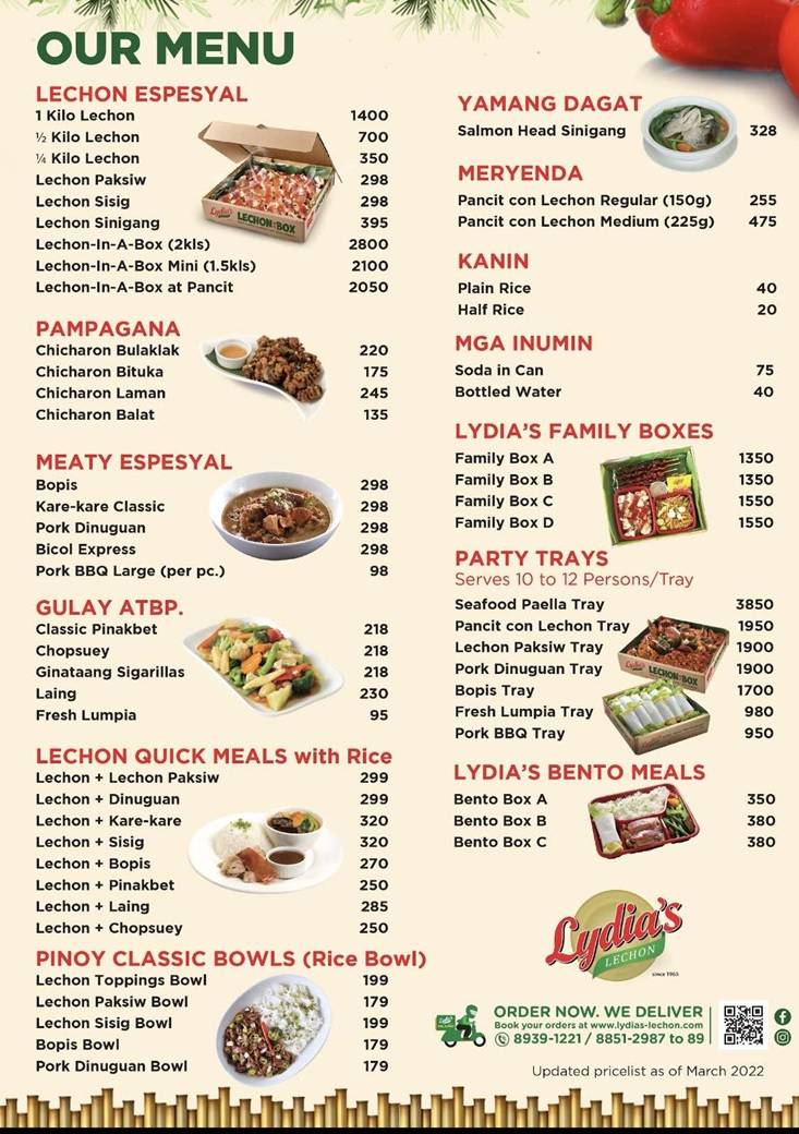 Menu at Lydia's Lechon Bucal Bypass - The Best Lechon in Manila ...
