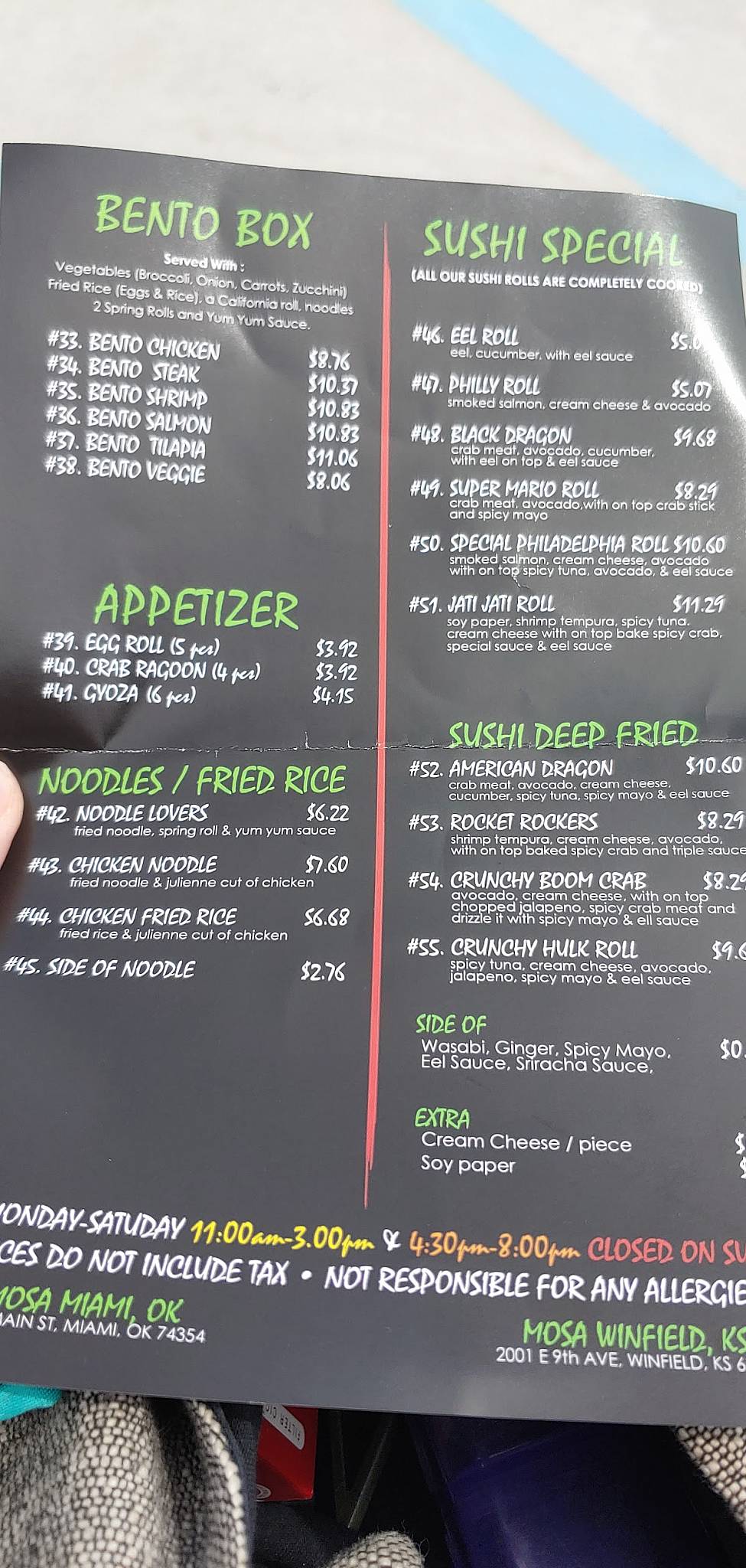 Menu at MOSA Hibachi & Sushi Japanese Express Winfield restaurant, Winfield