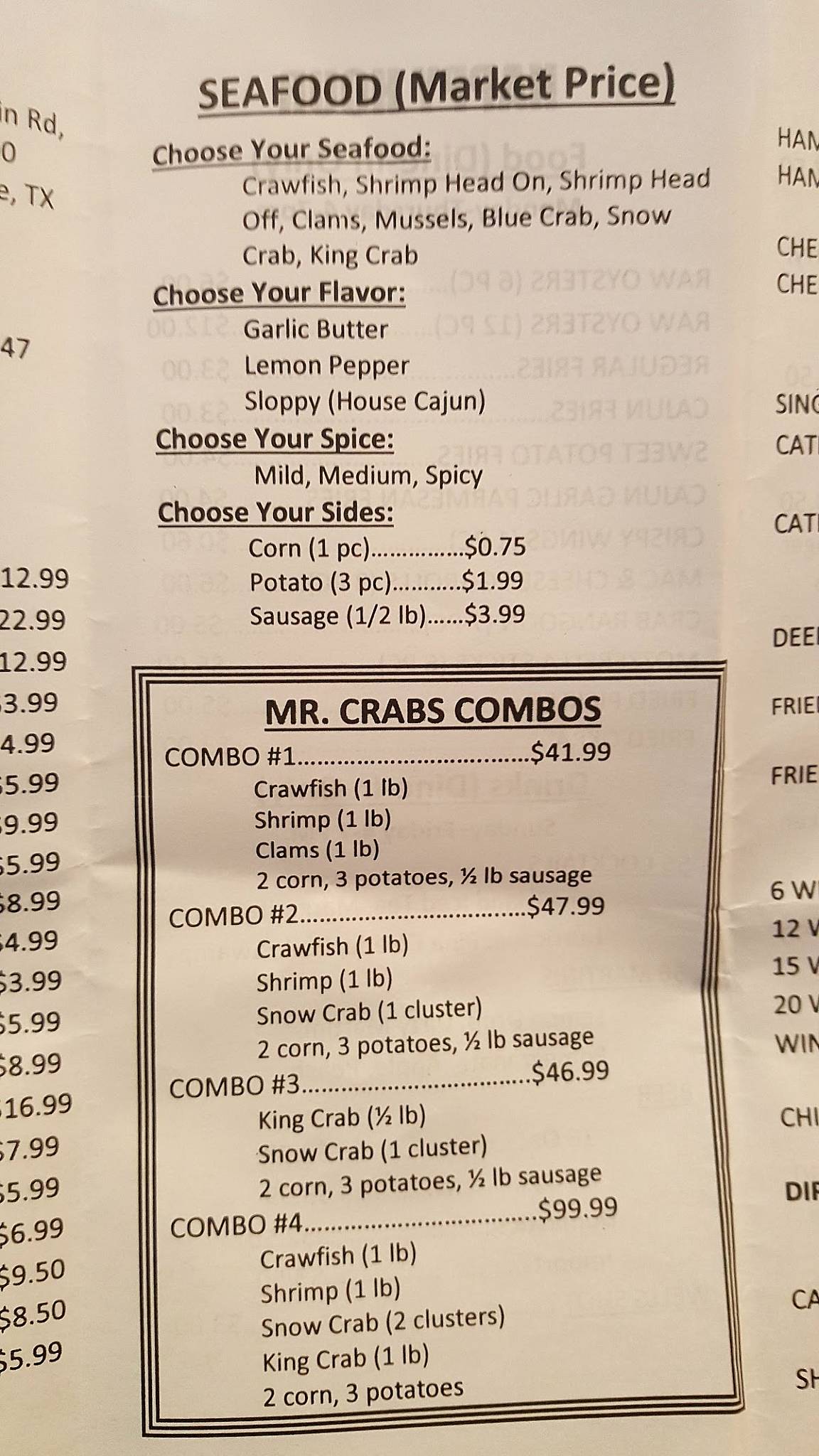 Menu at MR. Crab pub & bar, Grand Prairie