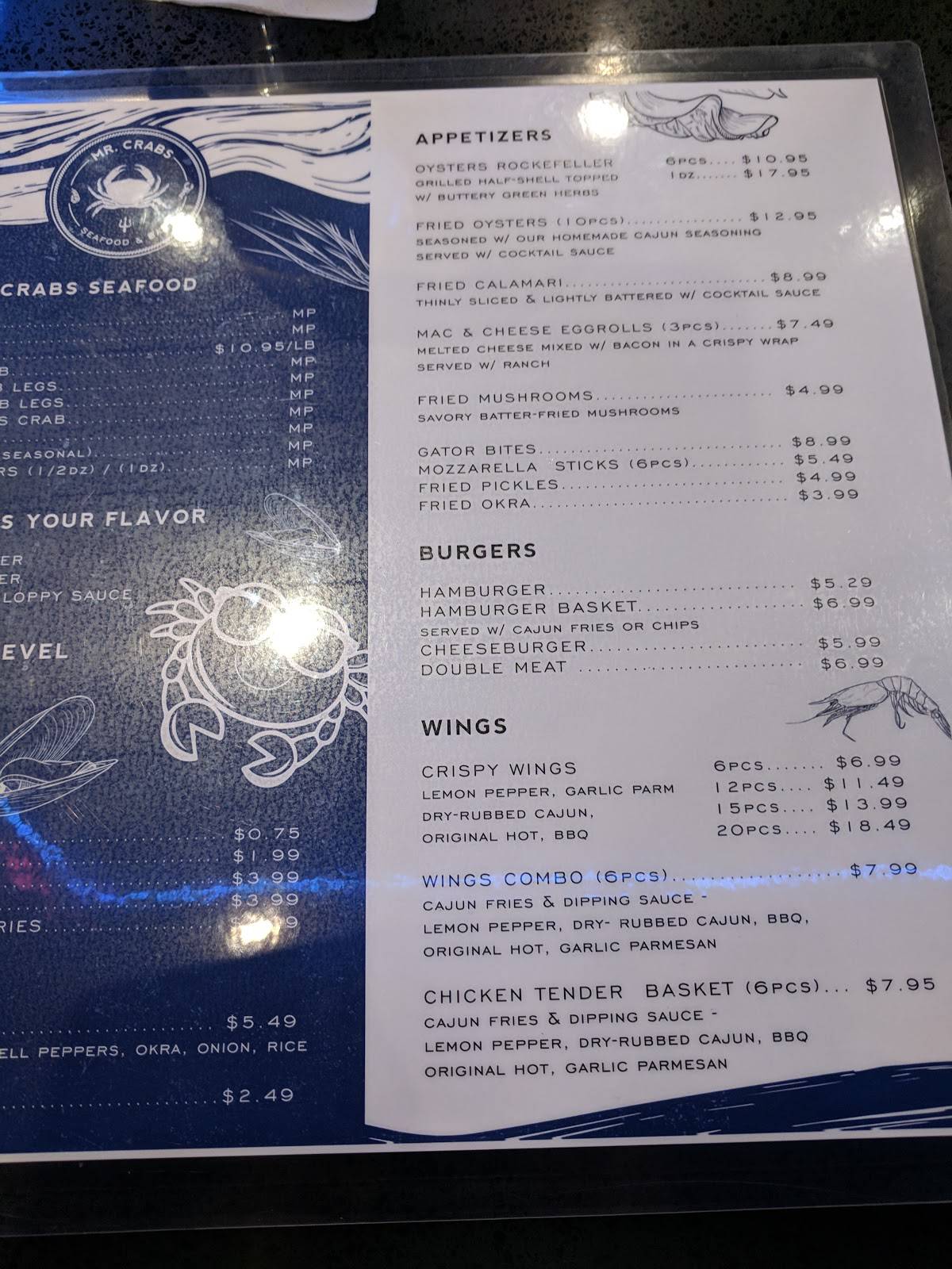 Menu at MR. Crab pub & bar, Grand Prairie