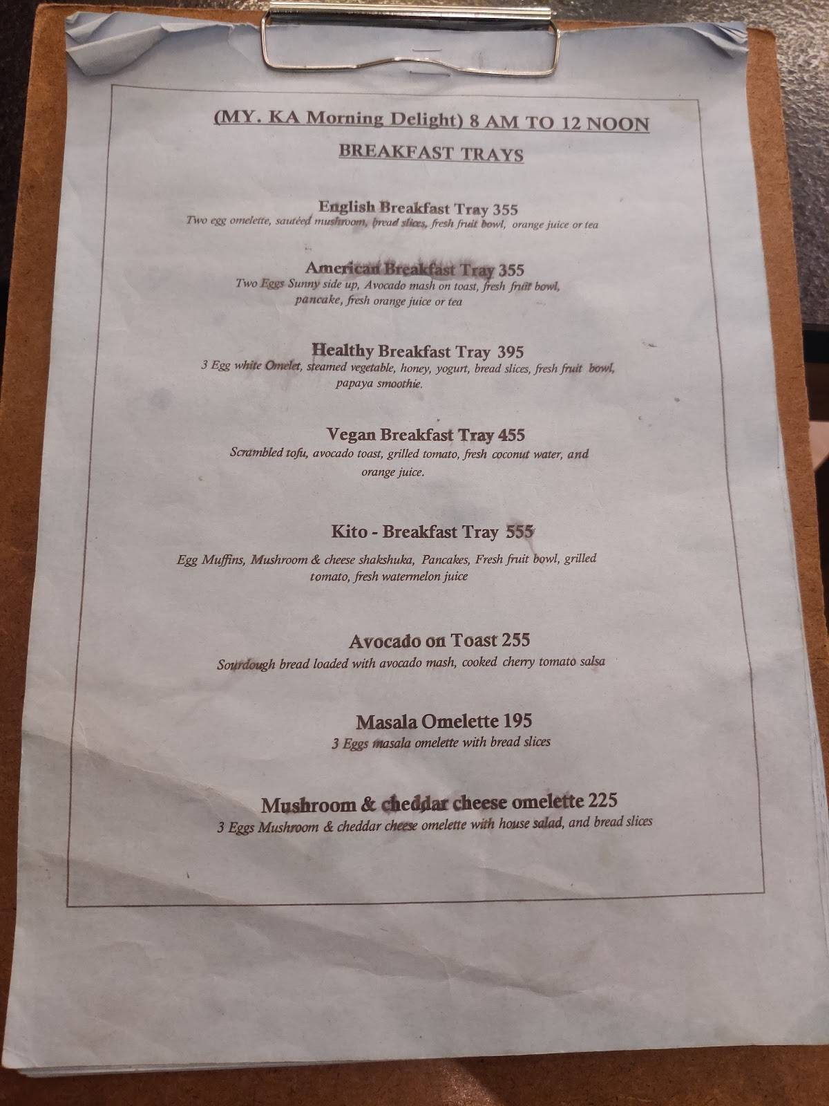 Menu at MY.KA Cafe Mysore, Mysuru