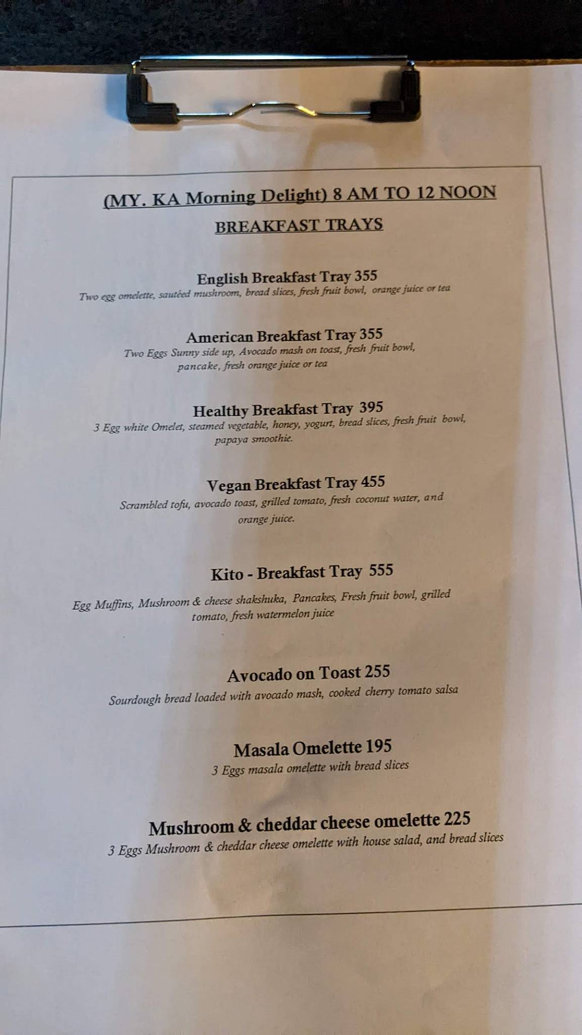 Menu at MY.KA Cafe Mysore, Mysuru