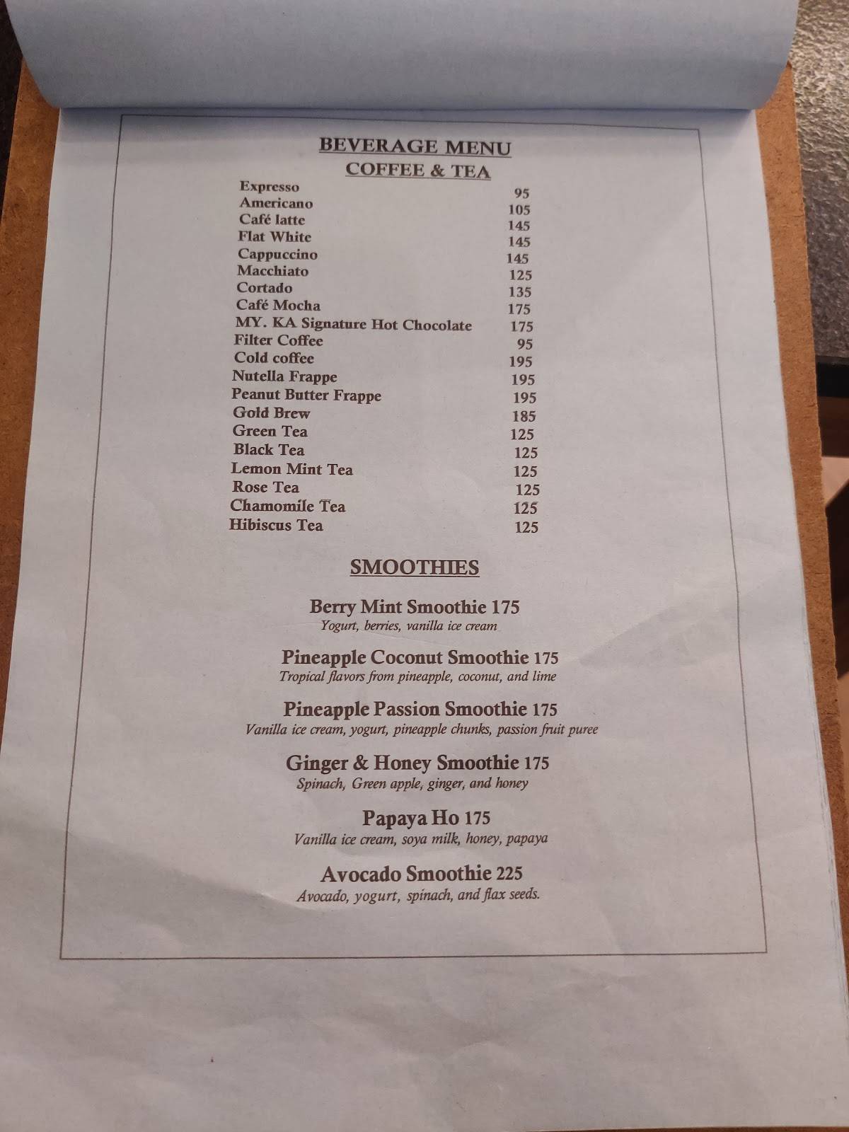 Menu at MY.KA Cafe Mysore, Mysuru