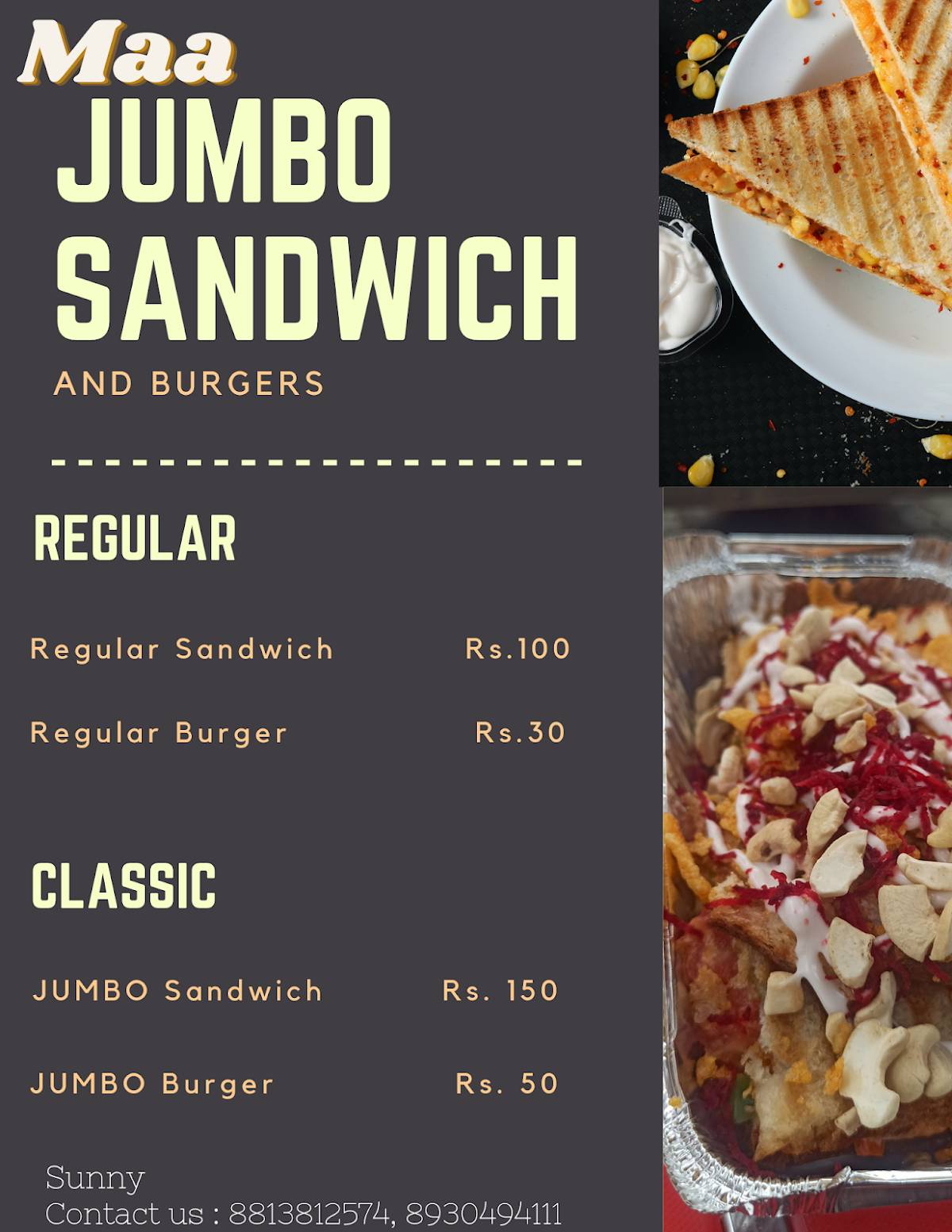 Menu at Maa burger Sandwich jumbo, Charkhi Dadri