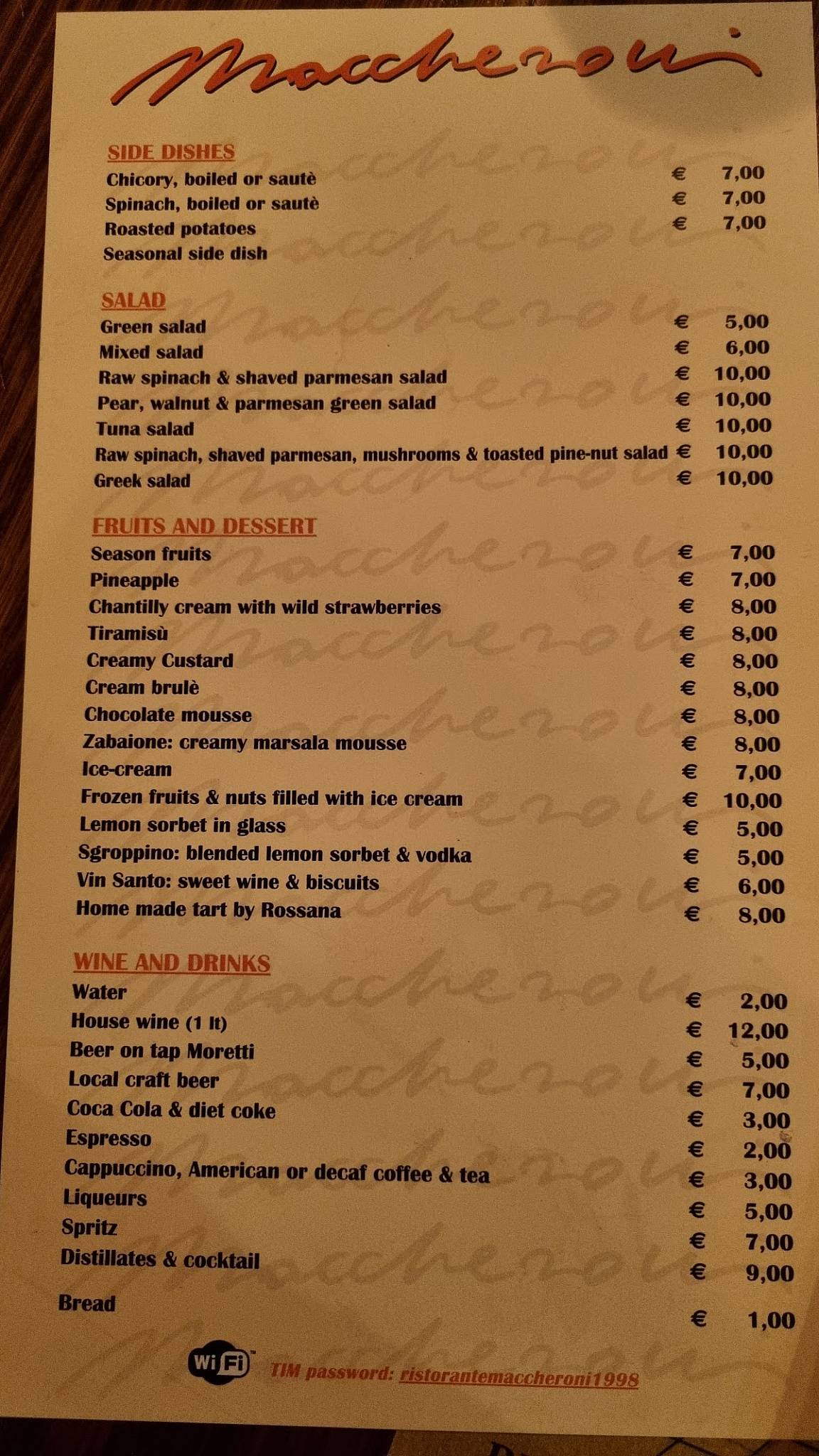 Menu at Maccheroni restaurant, Rome, Piazza delle Coppelle