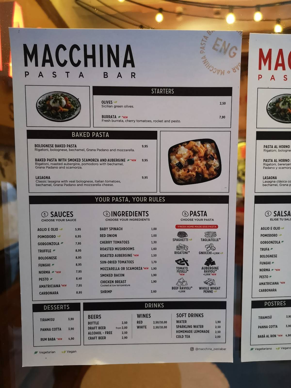 Carta de Macchina Pasta Bar, Barcelona, Carrer Escudellers