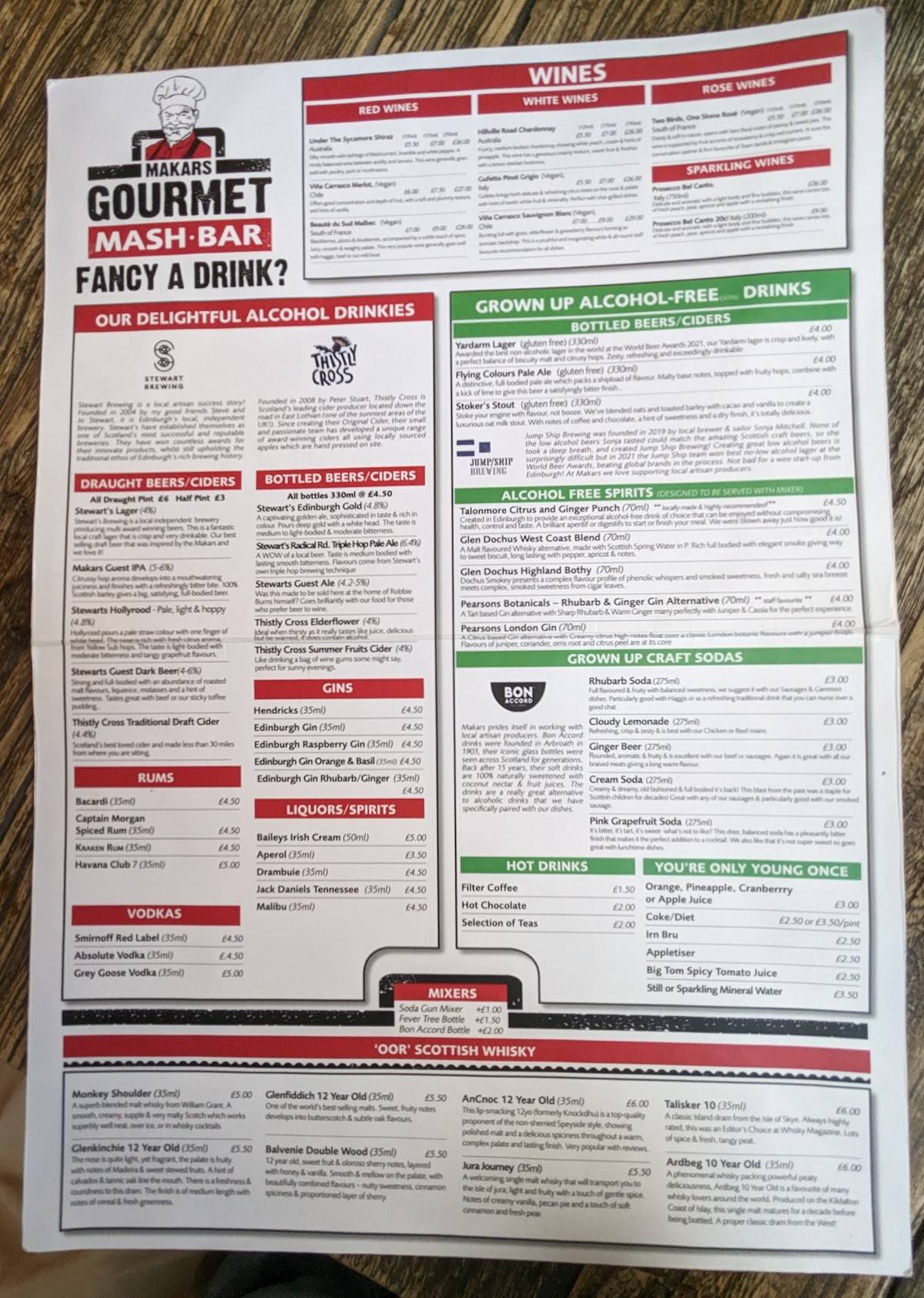 Menu at Makars Mash Bar, Edinburgh, 9-12 Bank St