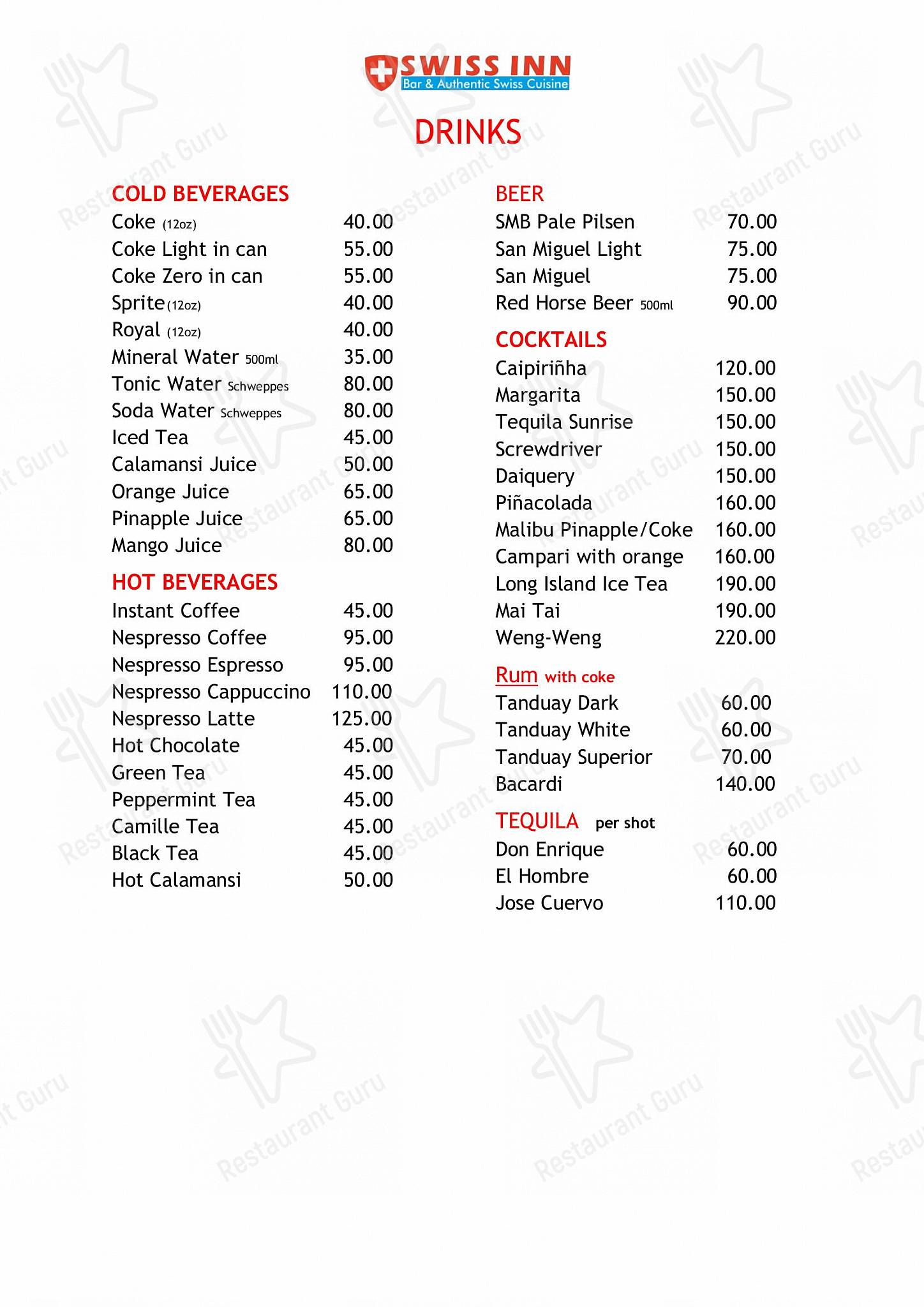 Menu at Swiss Inn Restaurant & Bar, Malay