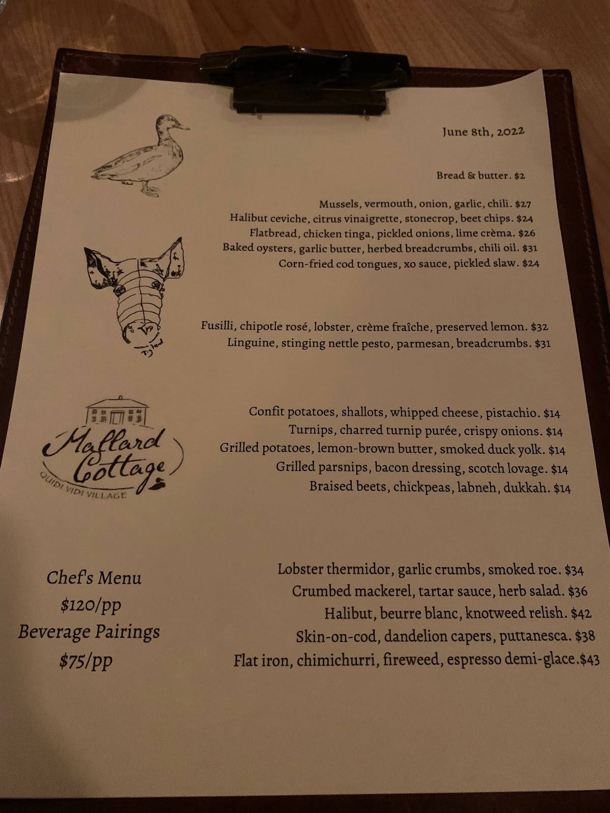 Menu at Mallard Cottage restaurant, St. John's