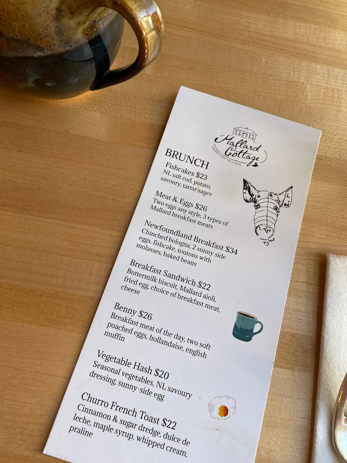 Menu at Mallard Cottage restaurant, St. John's
