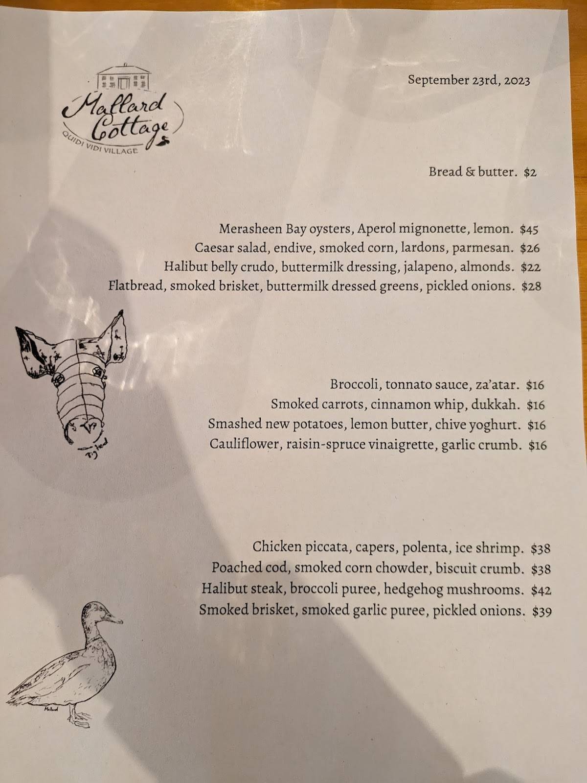 Menu at Mallard Cottage restaurant, St. John's