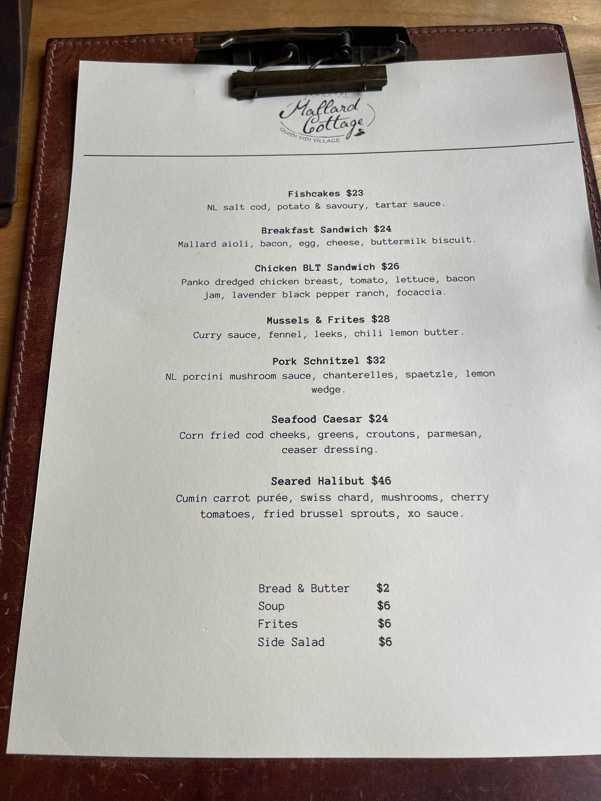 Menu at Mallard Cottage restaurant, St. John's