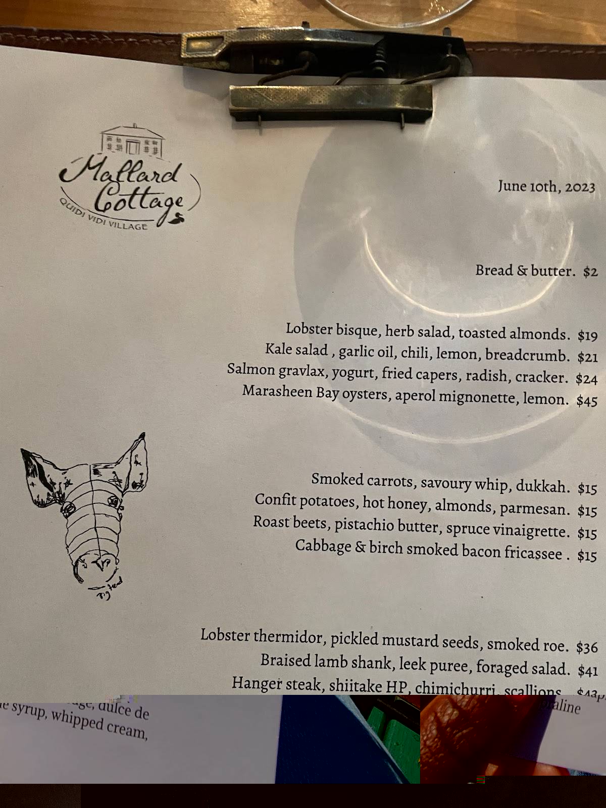 Menu at Mallard Cottage restaurant, St. John's