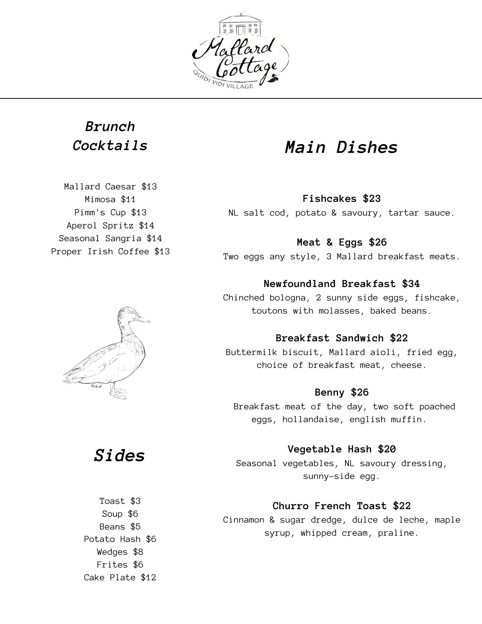 Menu at Mallard Cottage restaurant, St. John's