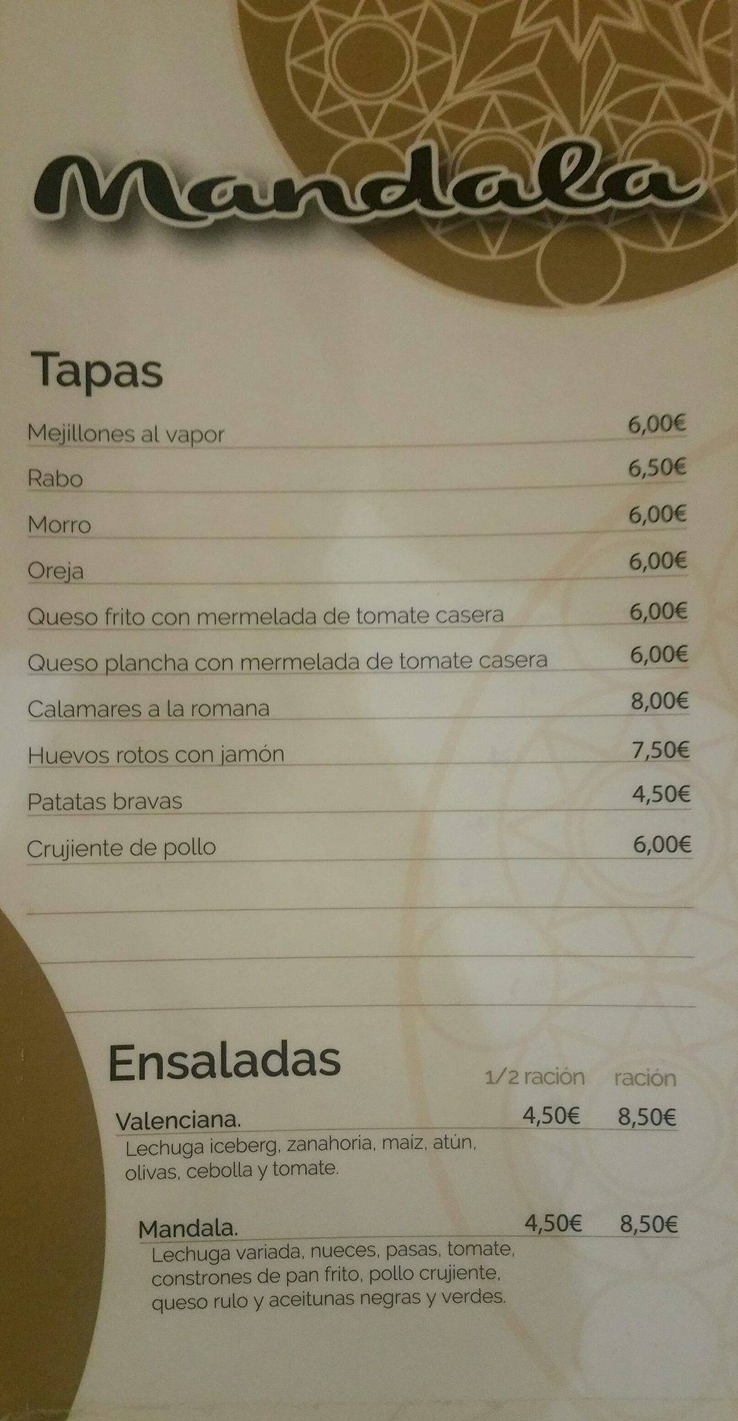 Carta de Mandala Bar cafeteria, Requena
