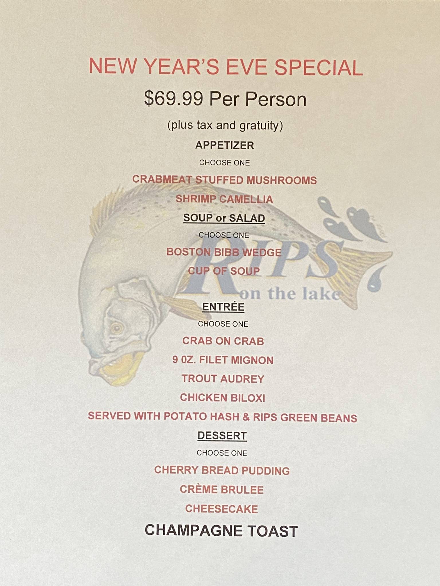 Menu at Rips On the Lake restaurant, Mandeville