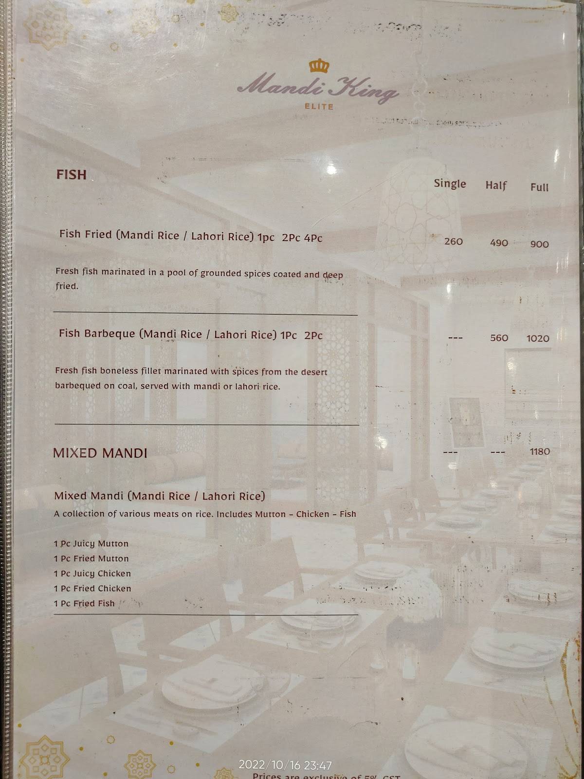 Menu at Mandi King Elite, Hyderabad
